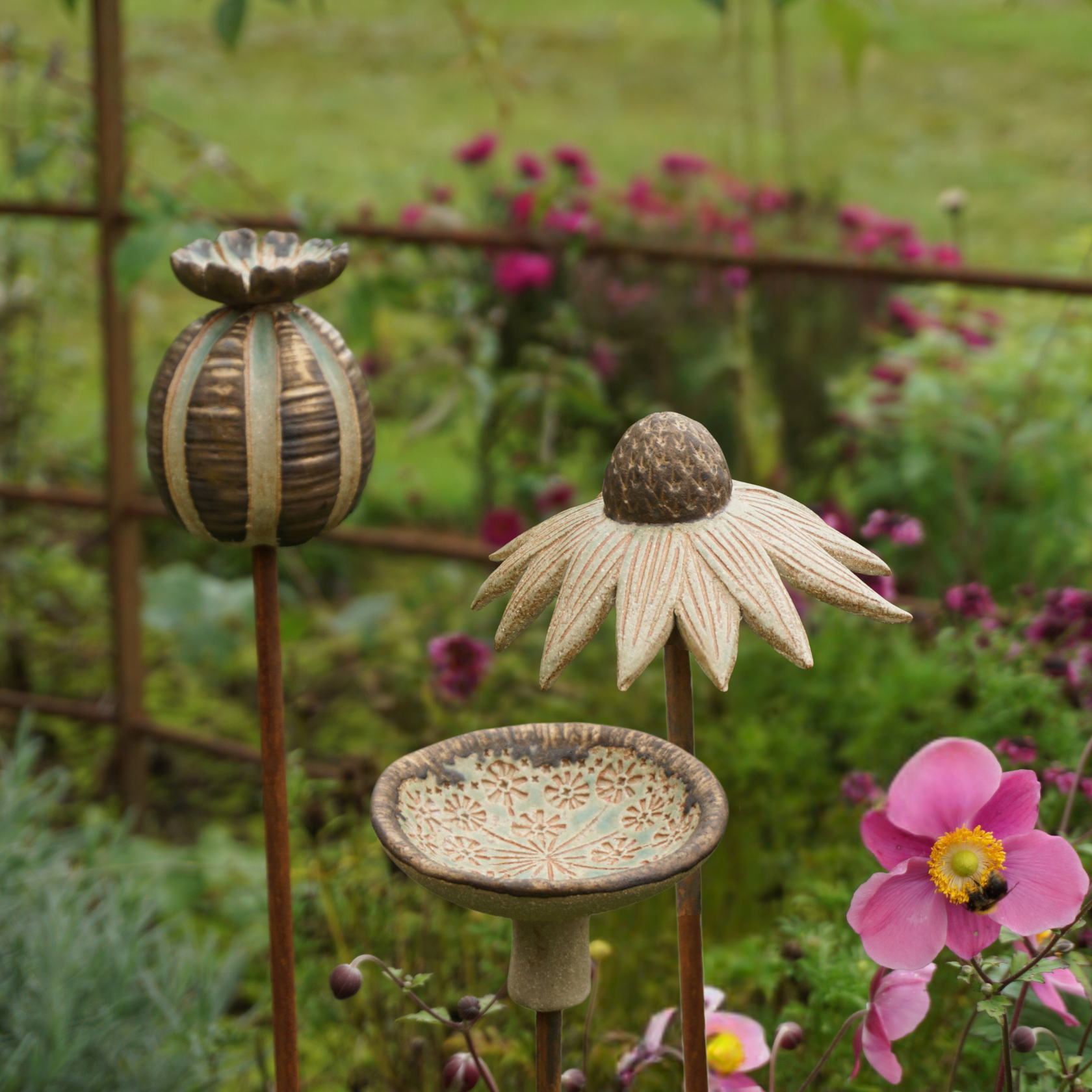 Garden Ornaments Trio B - Echinacea, Cow Parsley Bird Drinker and Popp ...